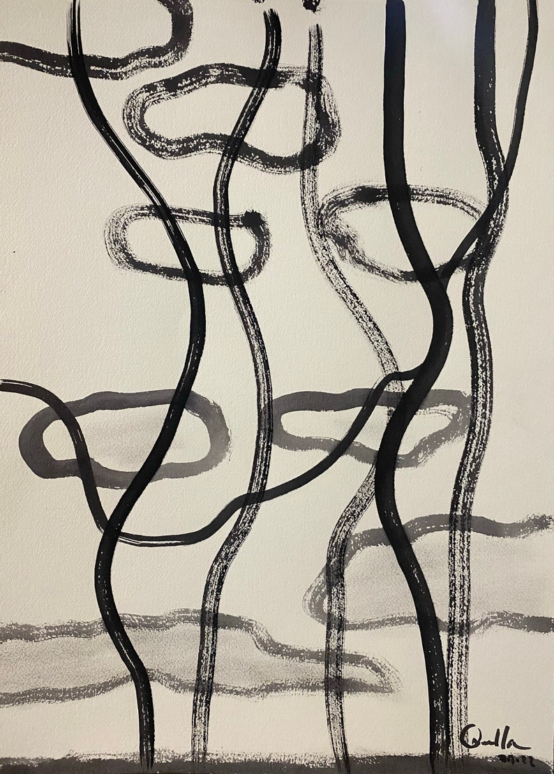 Original Abstract Ink Drawing on Handmade Paper. Minimalist ...