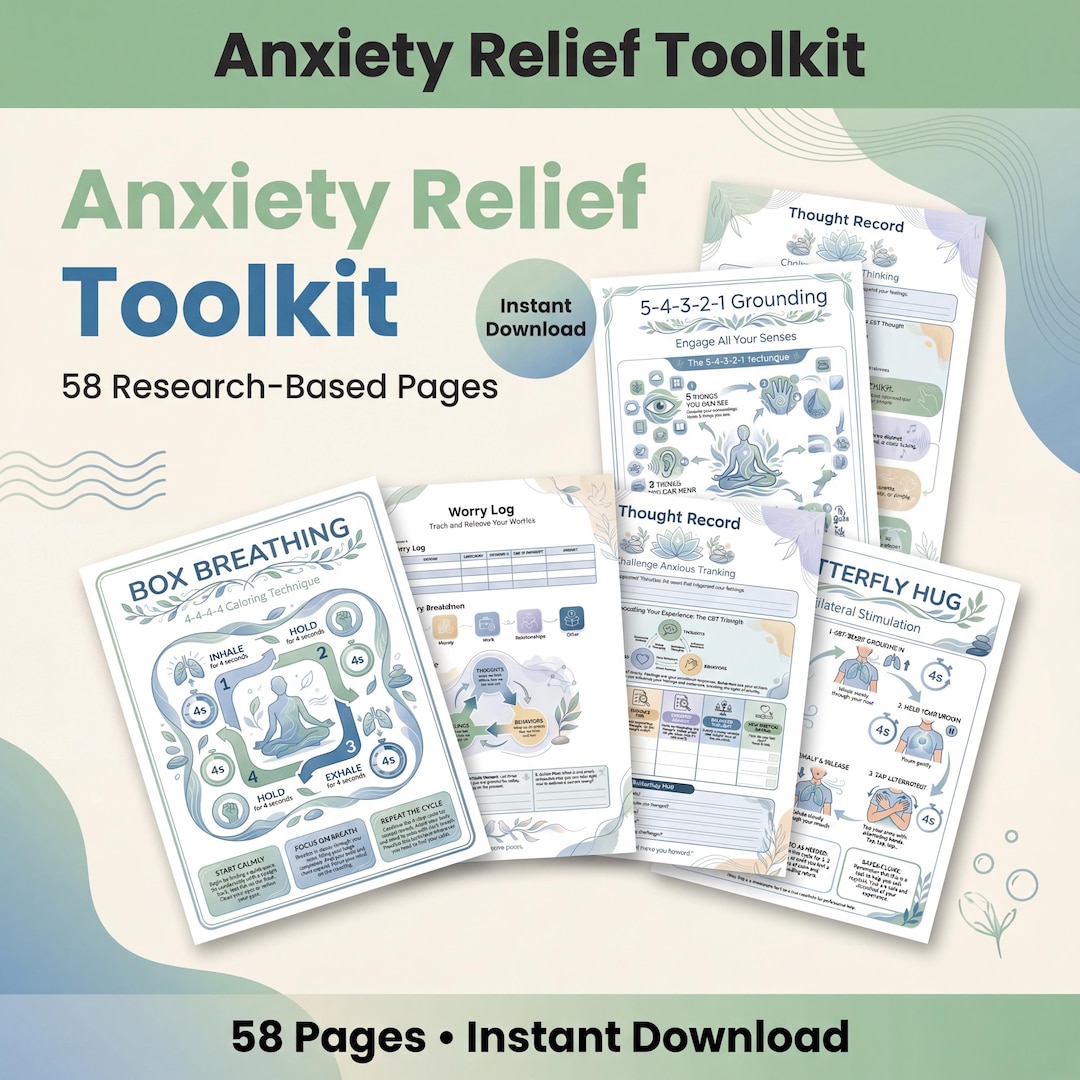 Anxiety Relief Toolkit | 58-page Printable Bundle | Breathing Grounding ...