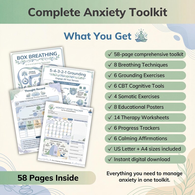 Anxiety Relief Toolkit | 58-page Printable Bundle | Breathing Grounding ...