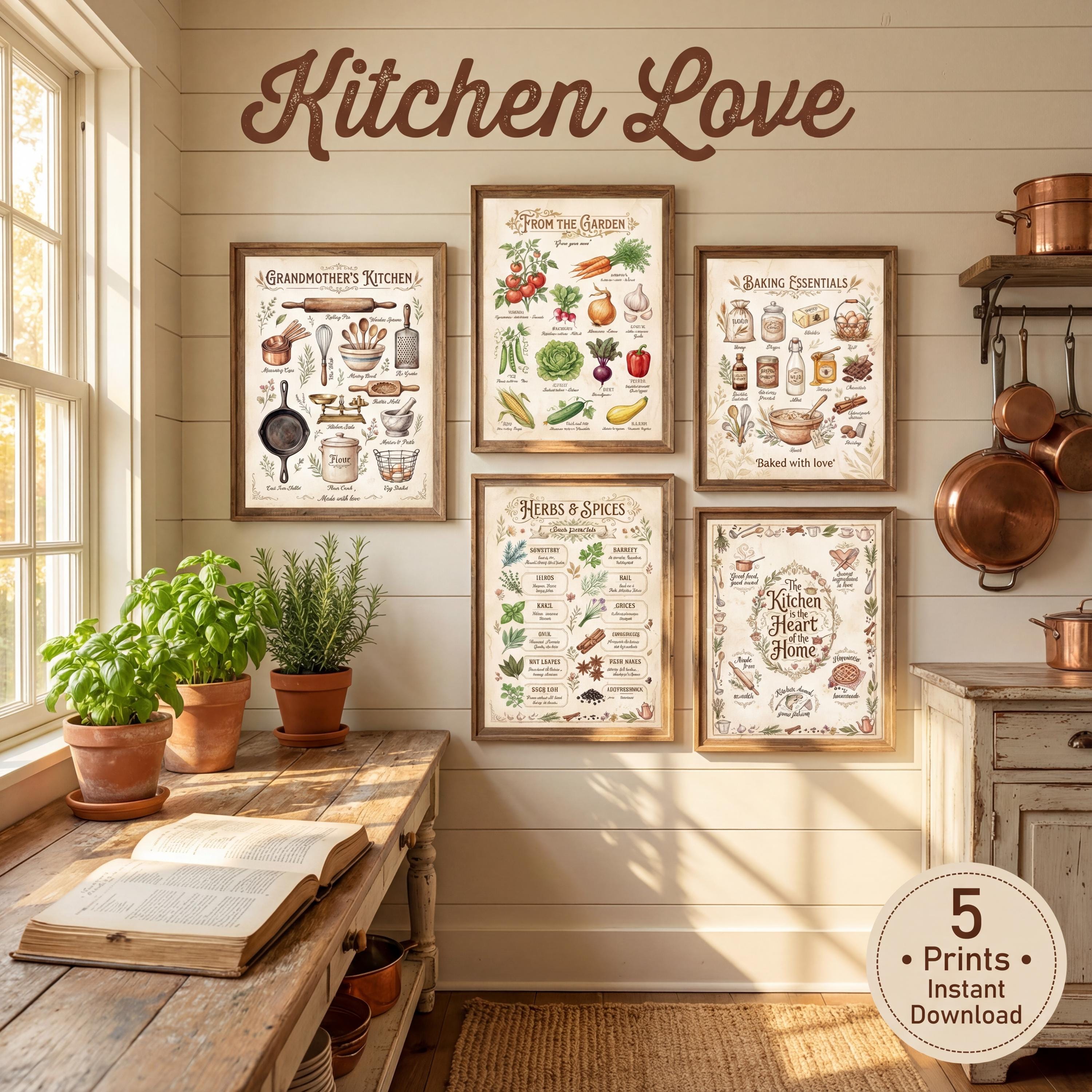 Vintage Recipe Wall Art | 5 Kitchen Botanical Prints | Farmhouse ...