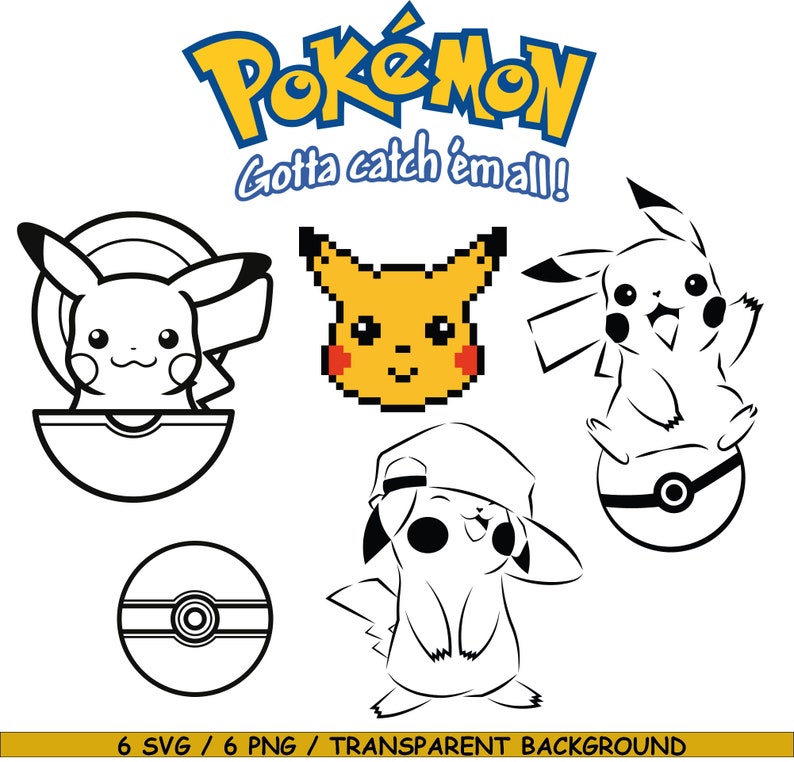 Pikachu Outline, Pokemon Clipart, Digital Files 6 SVG, 6 PNG Instant ...