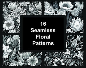 Botanical Monotone Seamless Digital Paper Floral Patterns Black and ...