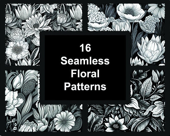 Black and White Floral Digital Paper, Seamless Pattern Backgrounds ...