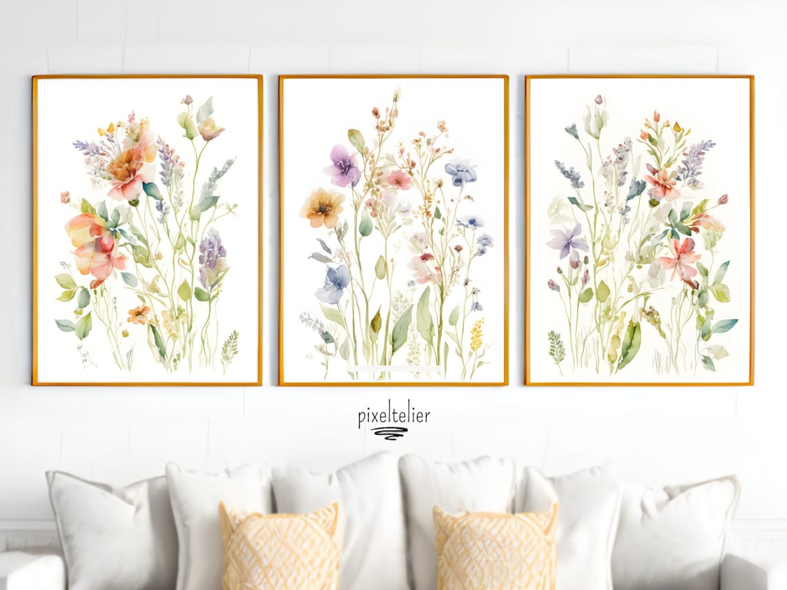 Printable Colorful Wildflower Art Set of 3, Watercolor Wildflowers, Flower Art Print, Bright ...