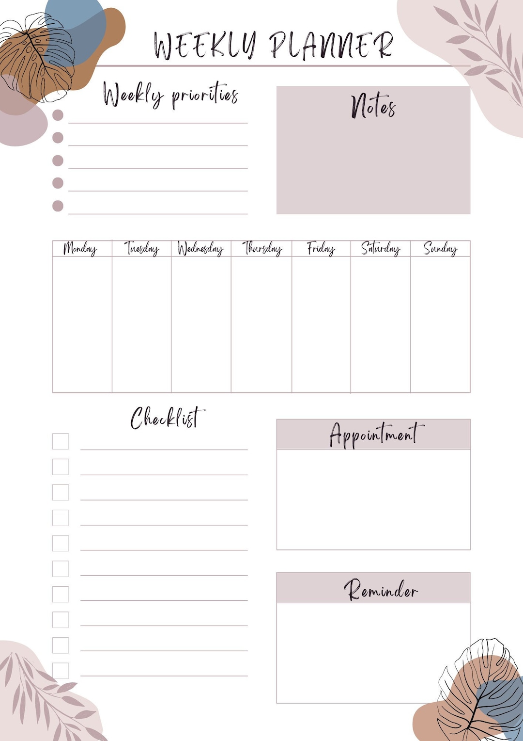 Weekly Planner, Weekly Planner Printable, Digital Weekly Planner ...