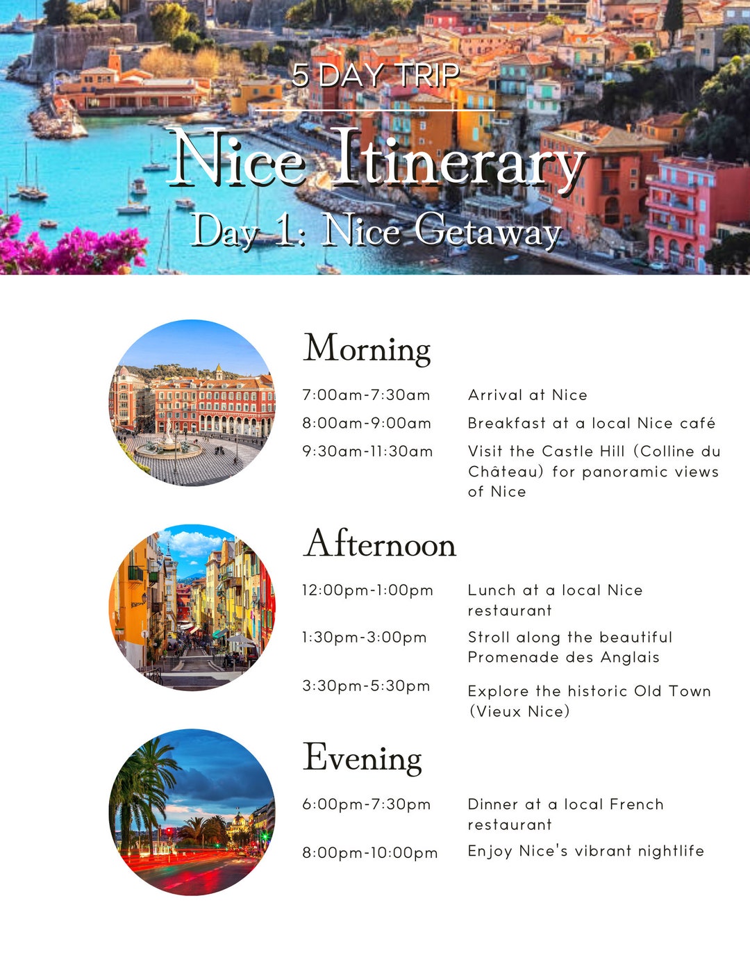 Nice Itinerary 5-day Canva Template | Nice France Travel Planner ...