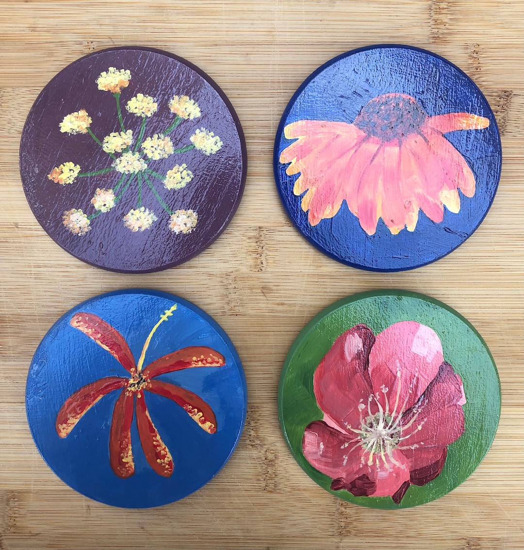 Hand Painted Wood Coasters Flowers - Etsy