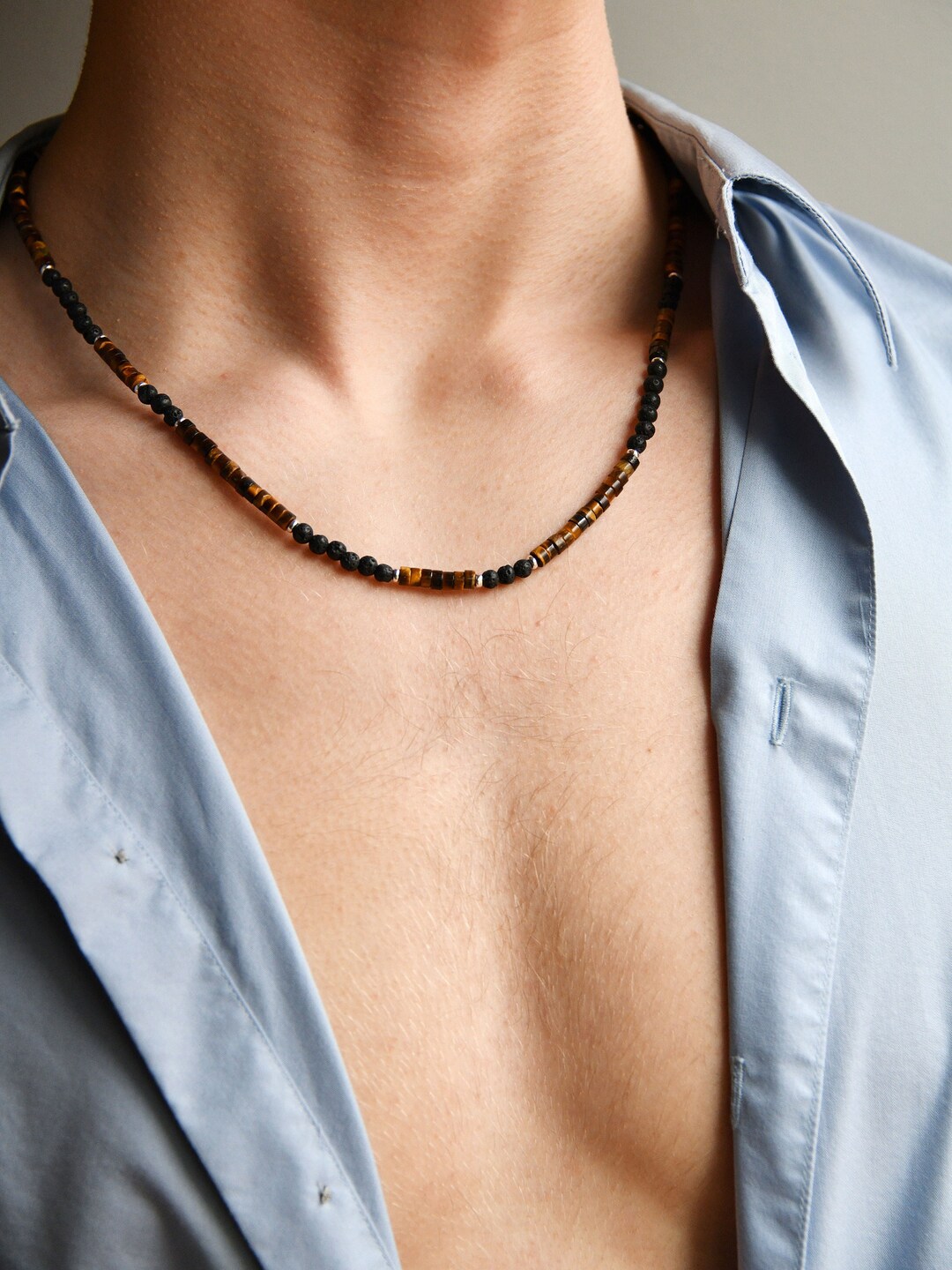 Tiger Eye Lava Rock Sterling Silver Men's Necklace Beaded Necklace ...