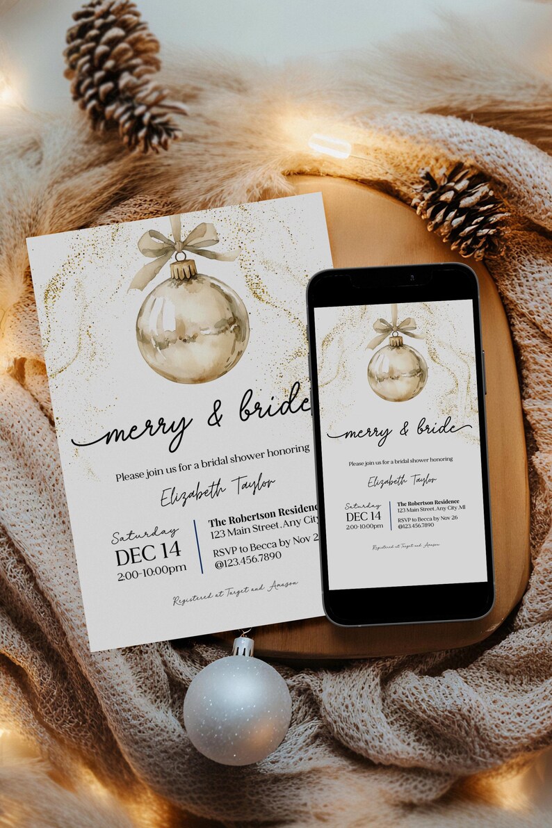 Merry and Bride Christmas Bridal Shower Invitation, Winter, Holiday ...