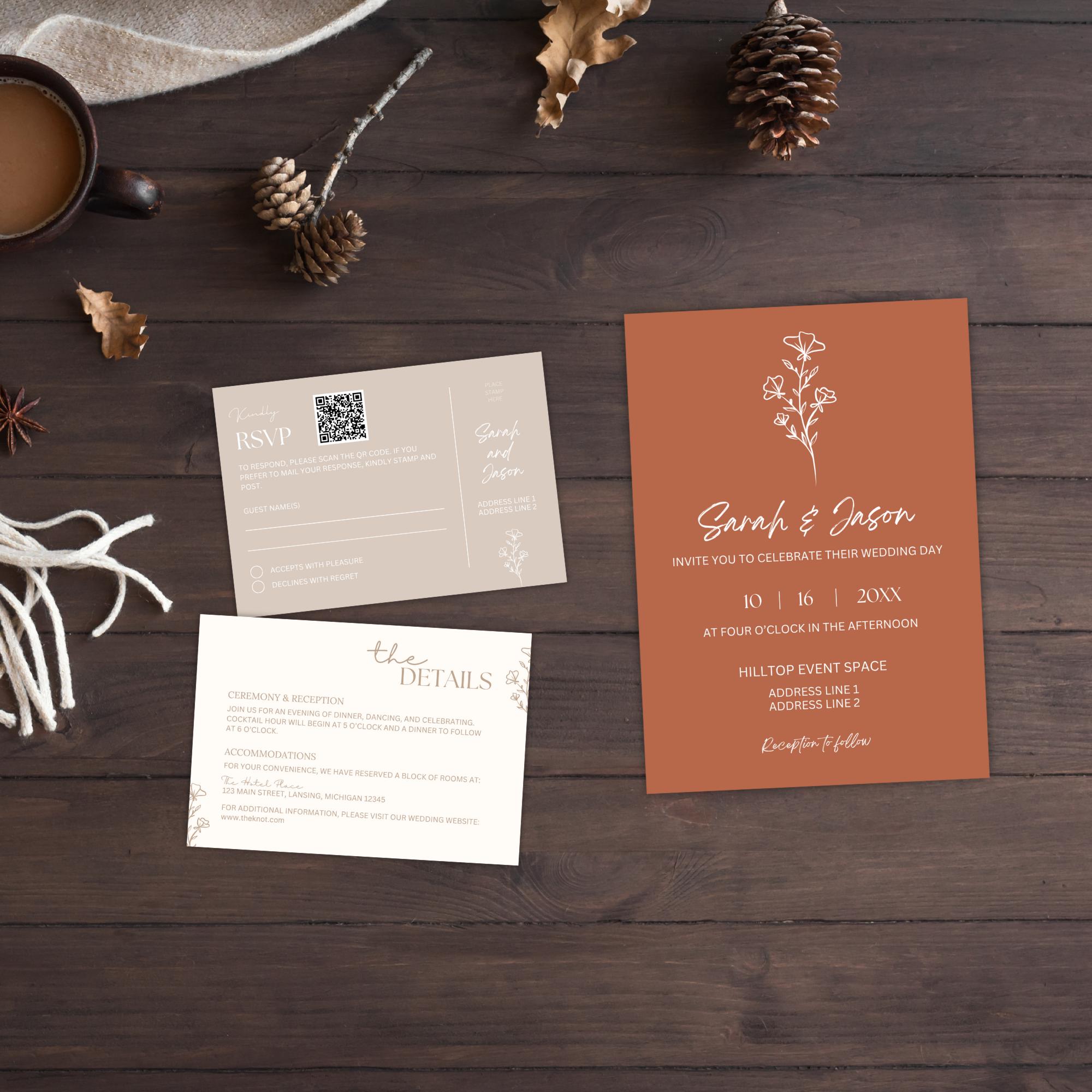 Fall Wedding Invitation Bundle, Terracotta Wedding Bundle, Boho Wedding ...