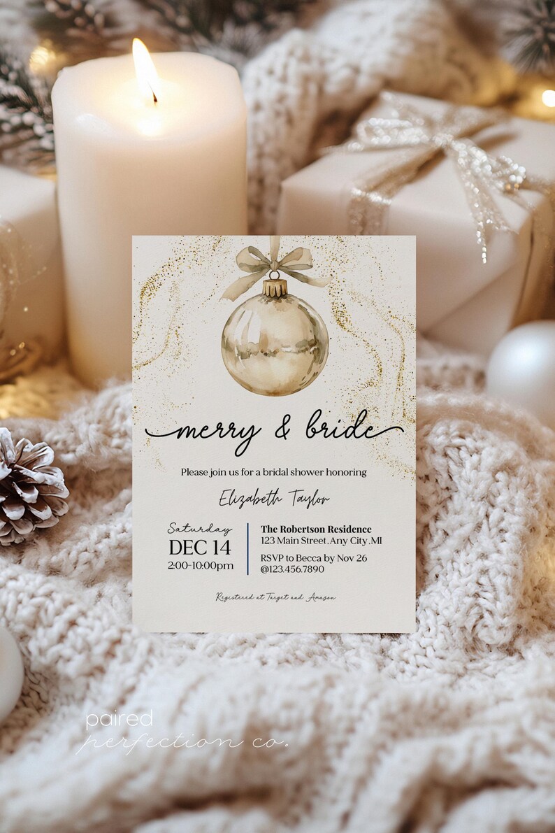 Merry and Bride Christmas Bridal Shower Invitation, Winter, Holiday ...