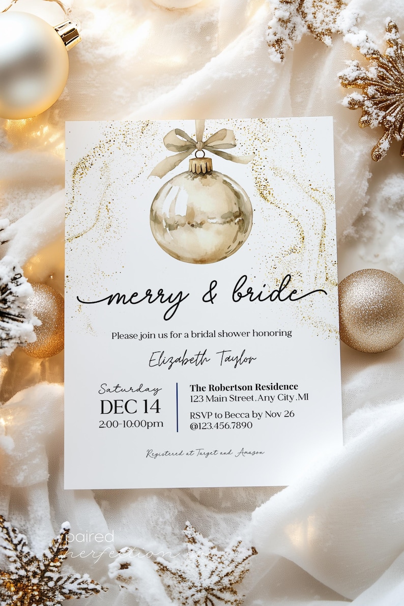 Merry and Bride Christmas Bridal Shower Invitation, Winter, Holiday ...