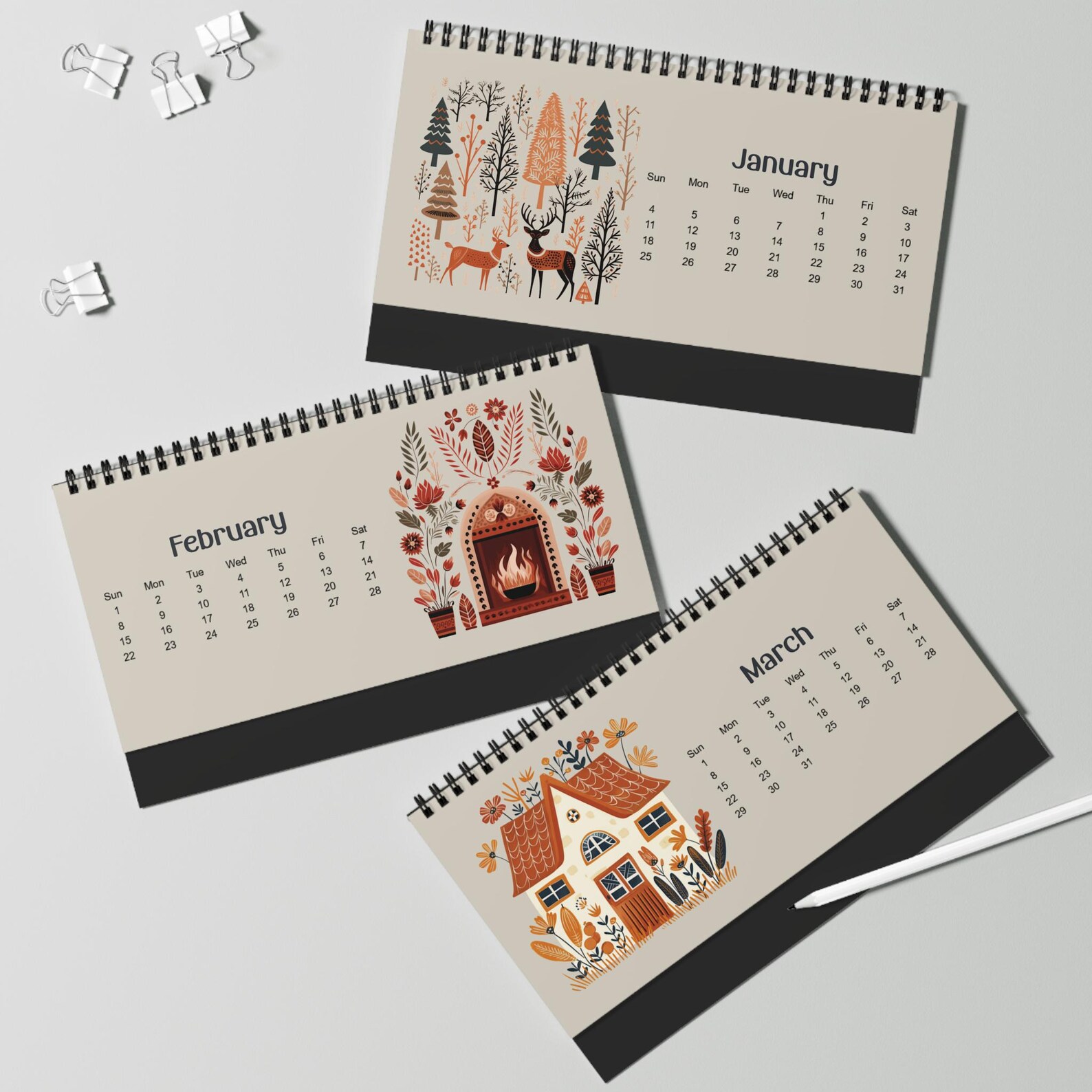 2026 Scandinavian Hygge Desk Calendar, Folk Art Spiral Planner, 12 ...