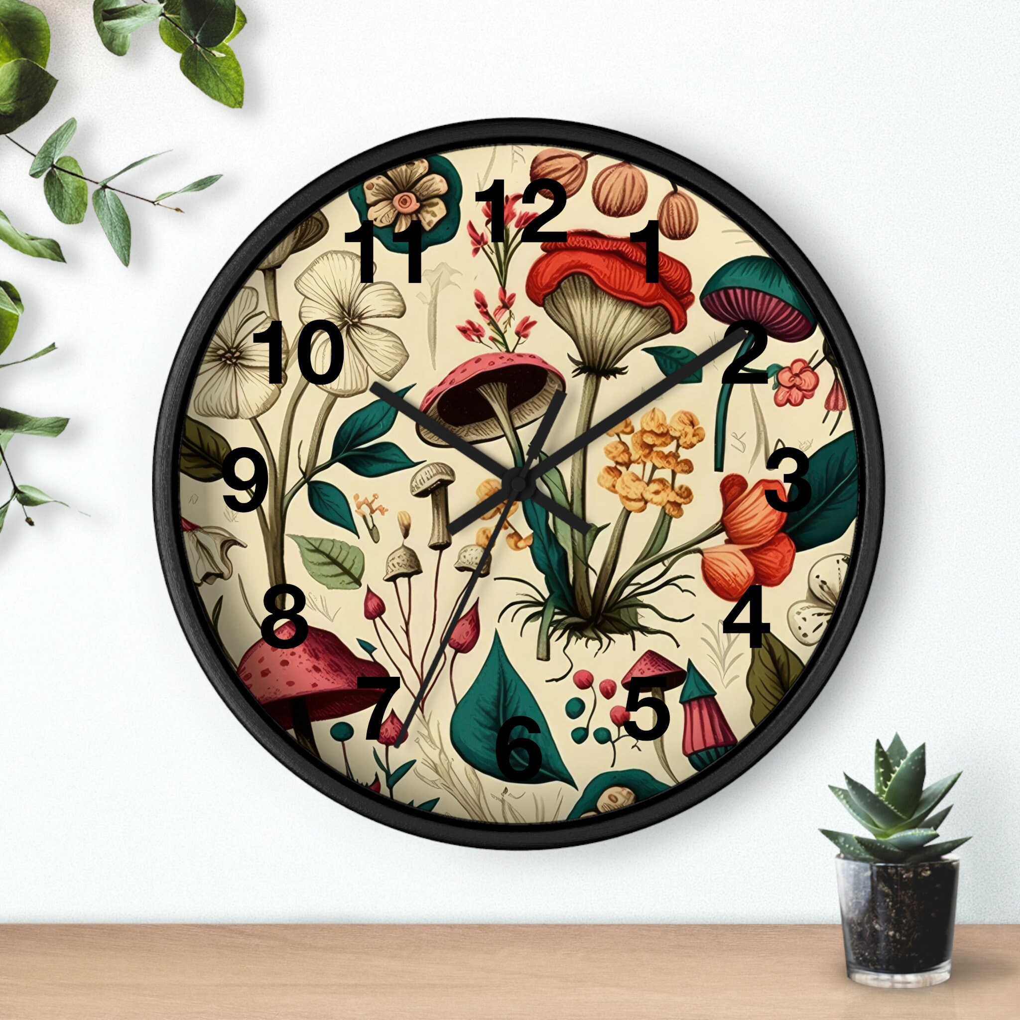 Cottagecore Mushroom Wall Clock, Botanical Floral and Fauna Wall Clock ...