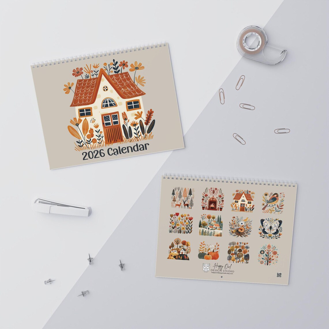 2026 Scandinavian Hygge Wall Calendar, Folk Art Home Office Decor, 12 ...