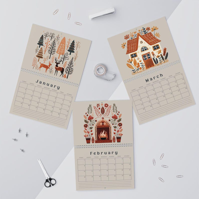 2026 Scandinavian Hygge Wall Calendar, Folk Art Home Office Decor, 12 ...