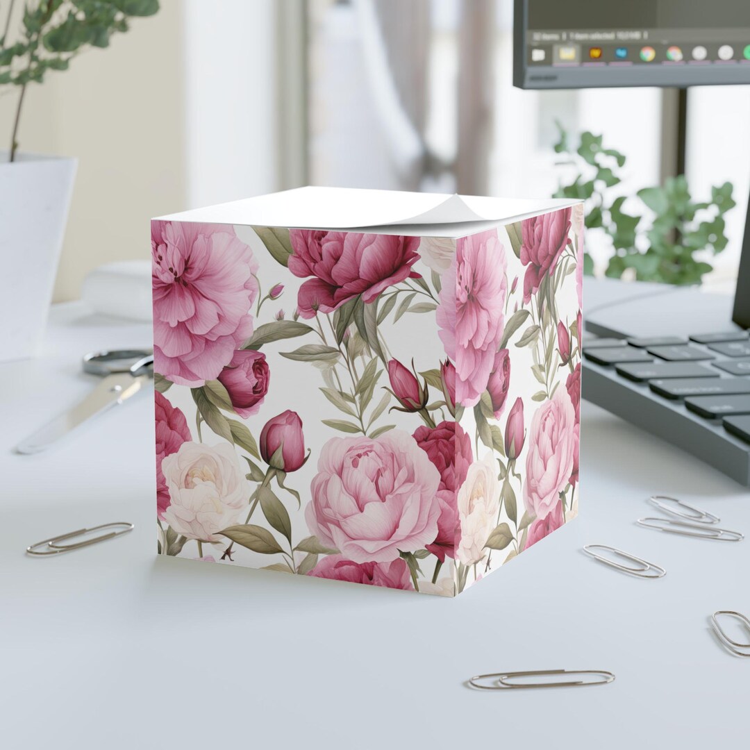 Peony Sticky Note Cube, Floral Memo Pad, Office Desk Organizer, Flower ...
