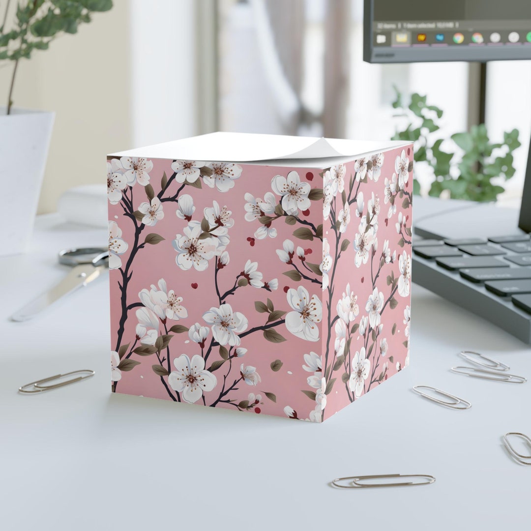 Cherry Blossom Sticky Note Cube, Japanese Floral Desk Decor, Botanical ...