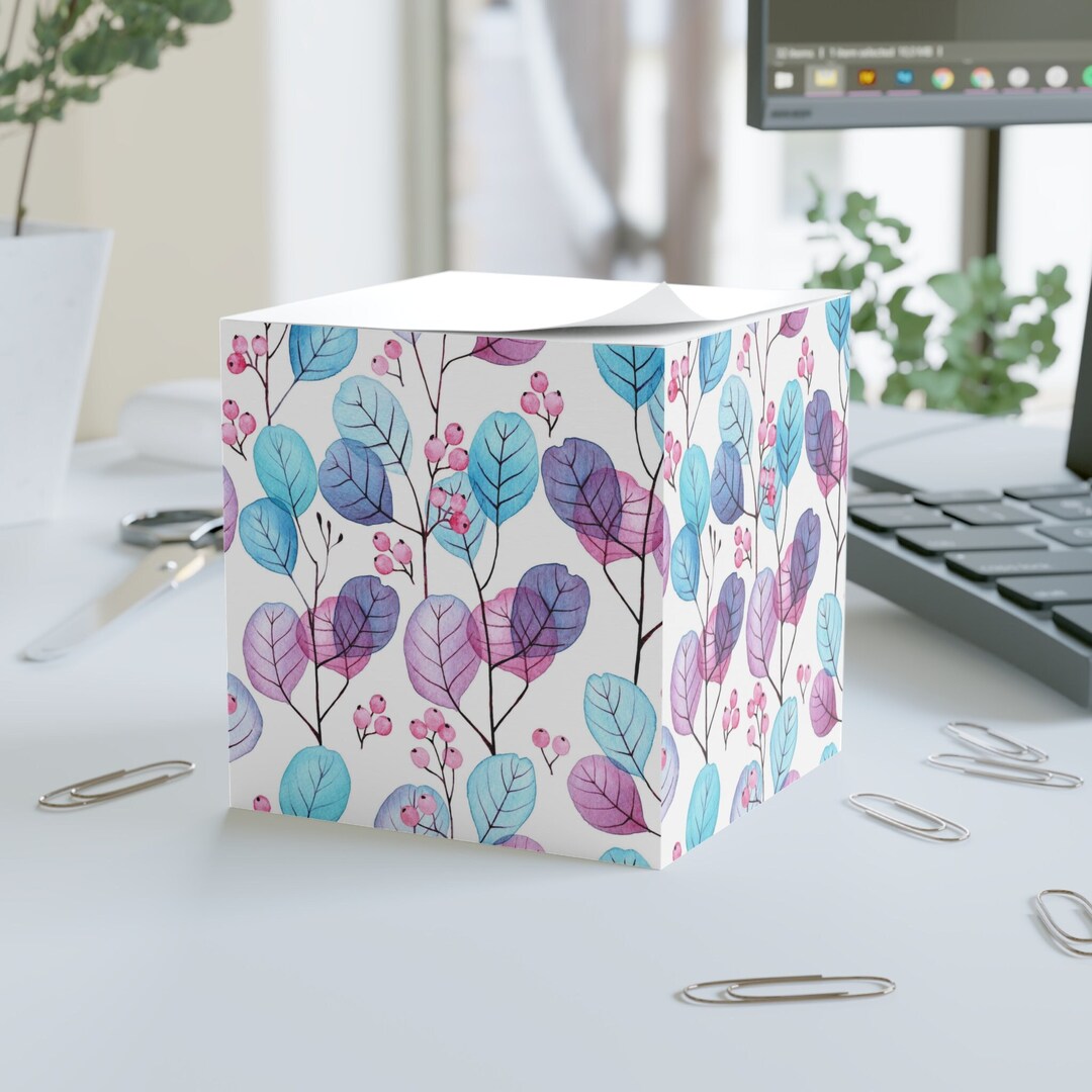 Purple Leaves Sticky Note Cube, Watercolor Botanical Leaves Memo Cube ...