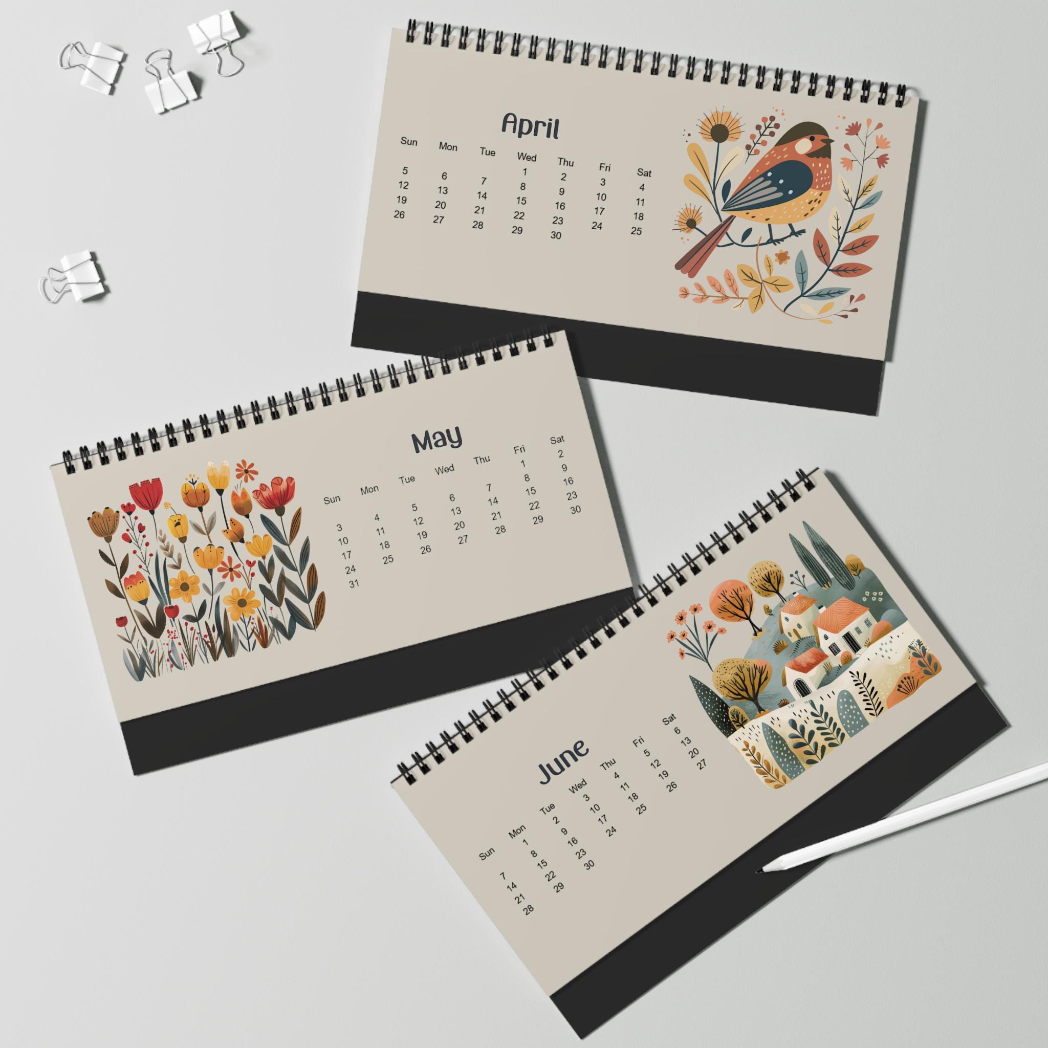 2026 Scandinavian Hygge Desk Calendar, Folk Art Spiral Planner, 12 ...
