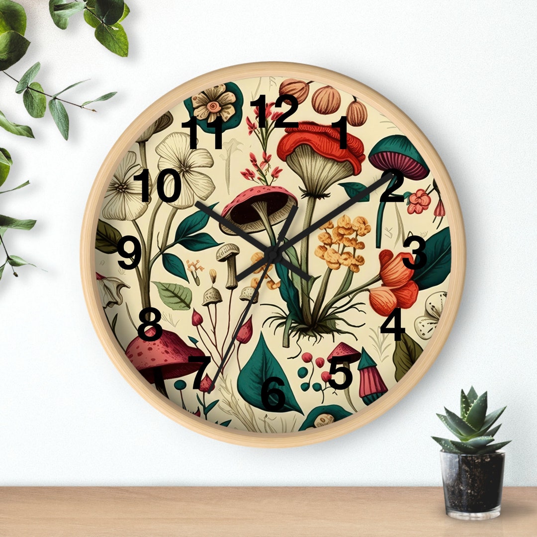 Cottagecore Mushroom Wall Clock, Botanical Floral and Fauna Wall Clock ...