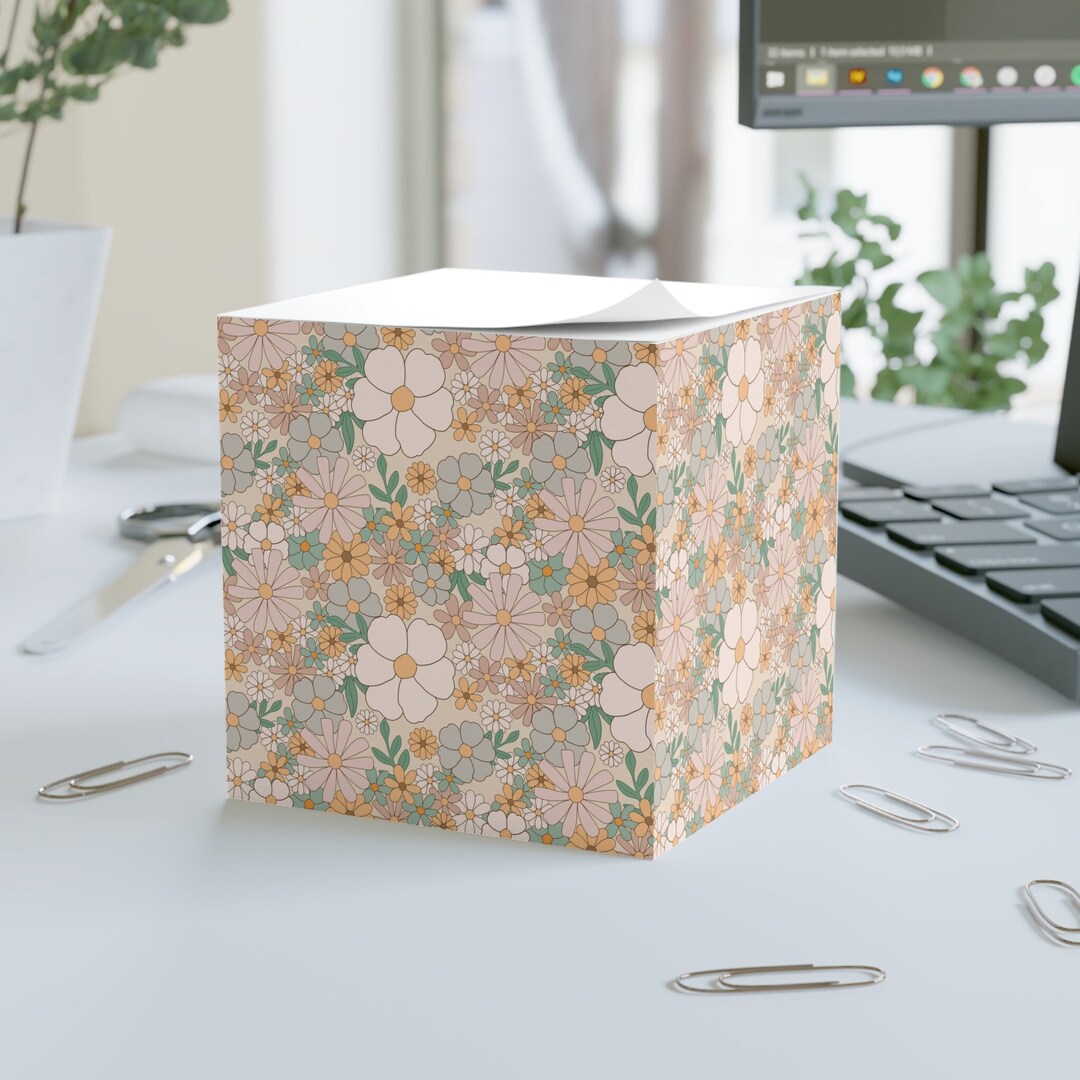Boho Floral Sticky Note Cube, Retro Inspired Sticky Notes, Cute Pink ...