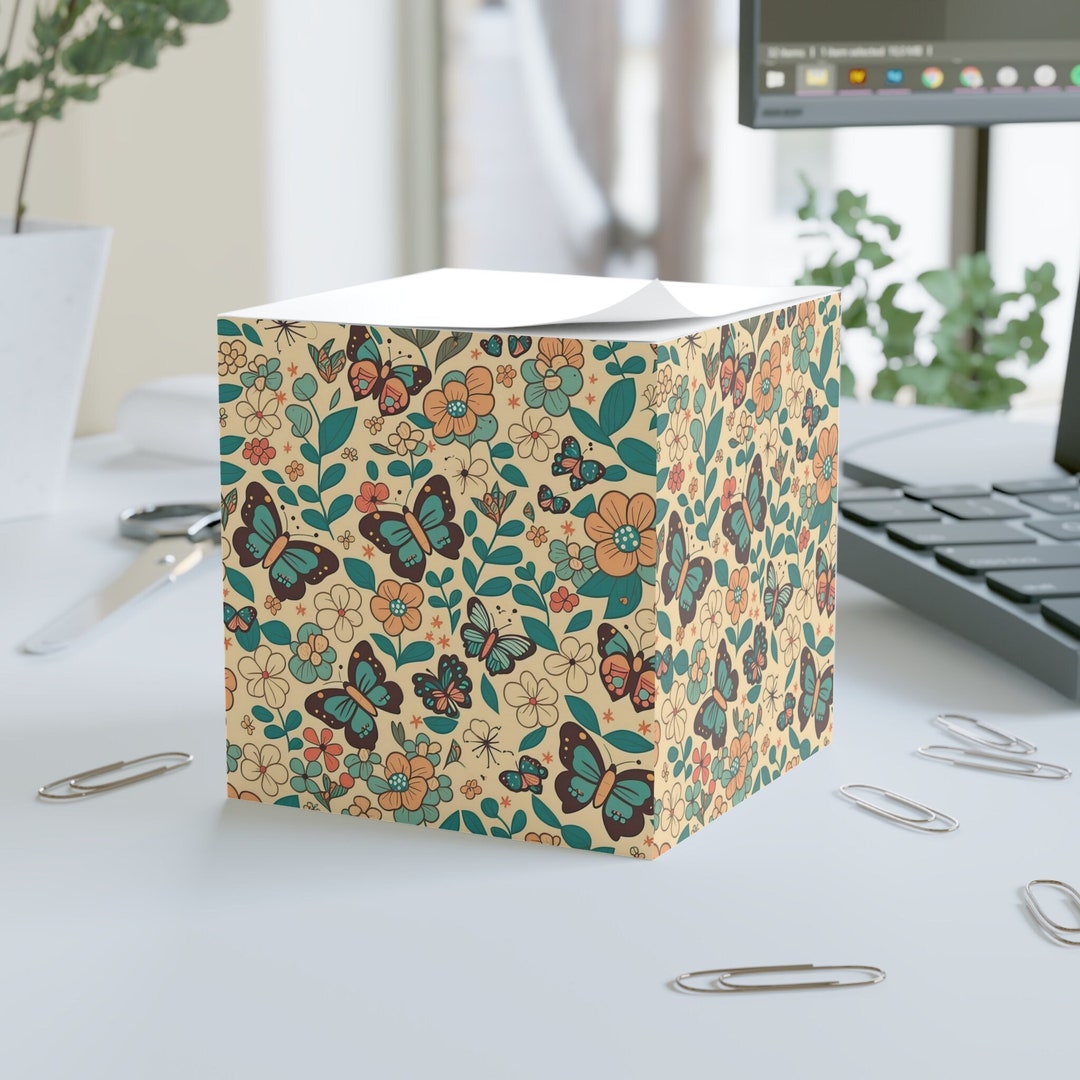 Floral Butterfly Sticky Note Cube, Retro Floral Butterflies Sticky ...