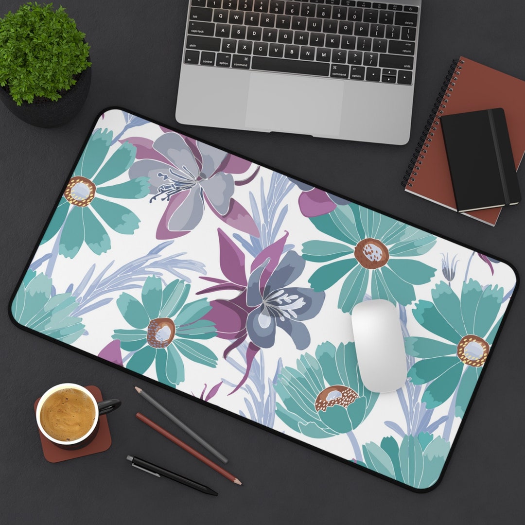 Turquoise and Purple Extra Large Desk Mat, Floral Desk Decor, Floral ...