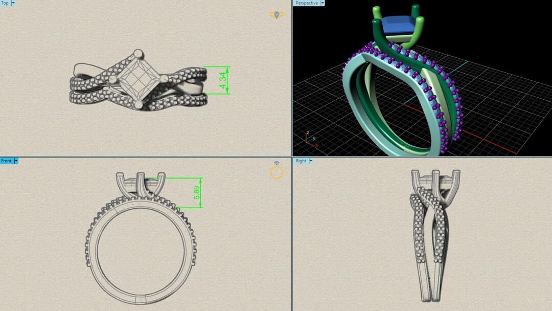 Princess Center Stone Engagement Ring and Wedding Band 3D Design Files ...