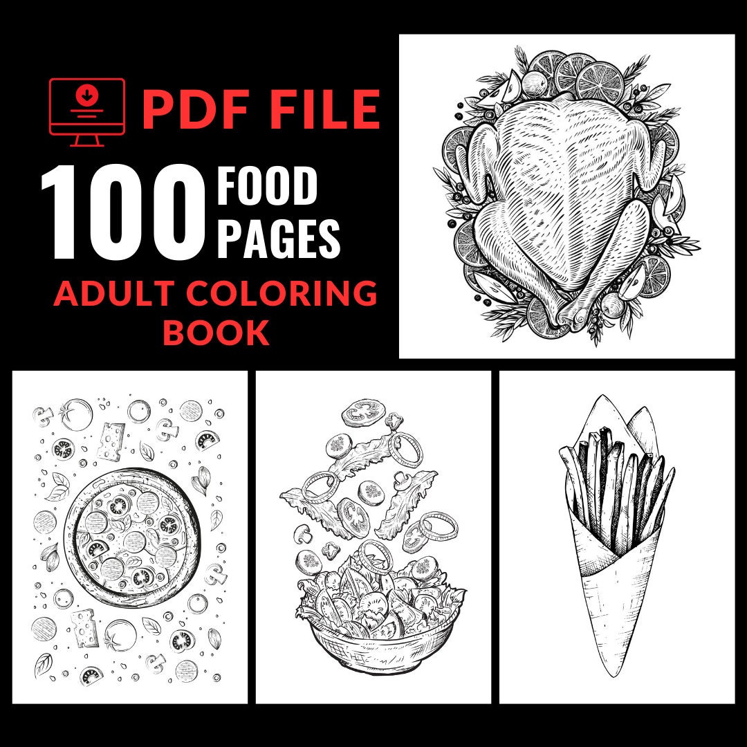 100 Food Coloring Pages: Food Collection Adult Coloring Book - Etsy