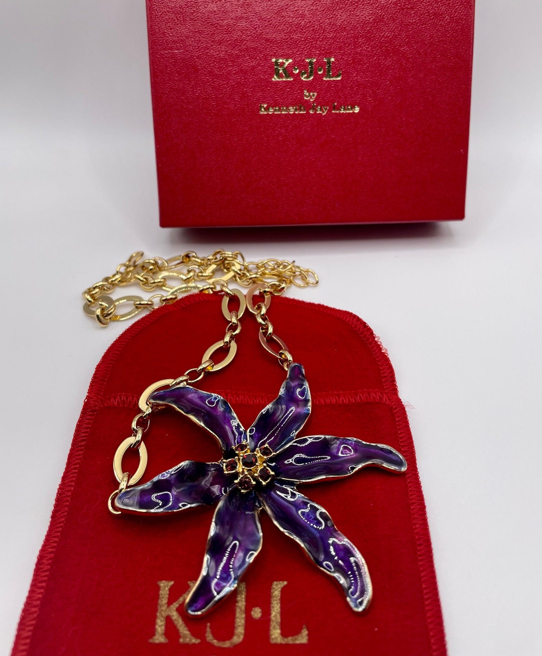 Vintage KJL Kenneth Jay Lane Purple Enamel Flower and Gold Tone Necklace - Etsy