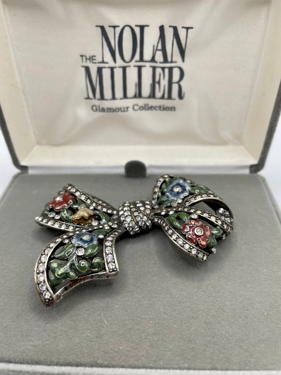 Vintage Nolan Miller Rhinestone and Enamel Bow Brooch - Etsy