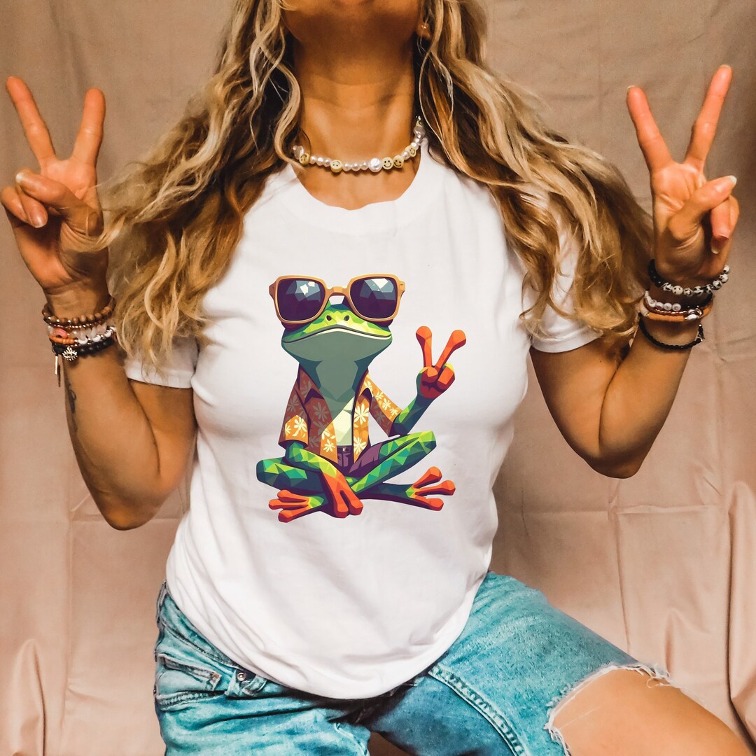 Chill Frog T-shirt, Retro Peace Frog Casual Tee, Cool Frog With ...