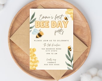 Editable Bee-day Birthday Invitation Children's Party Invite 5x7 or A5 ...