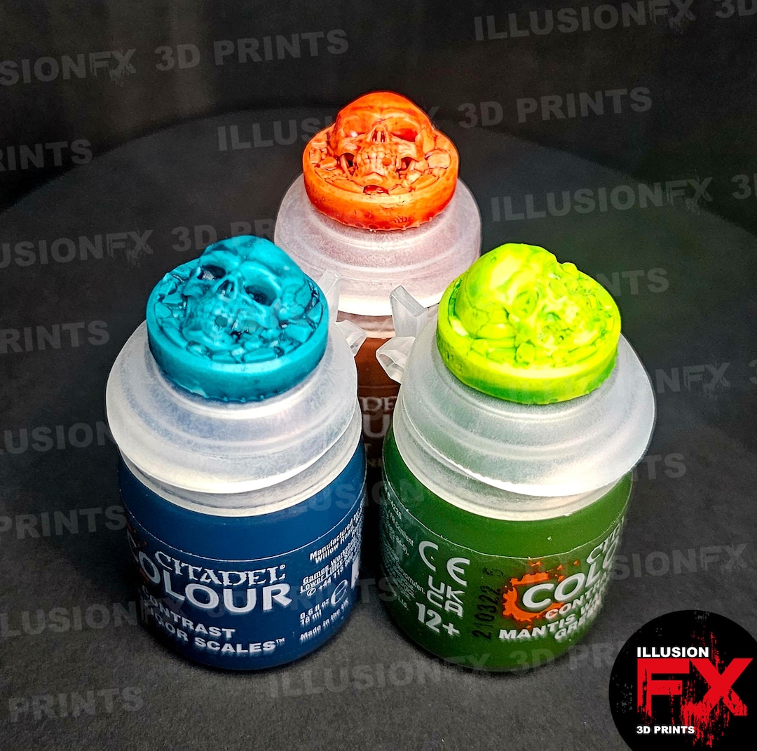 Skull Head - 3D Printed Pot Bottle Swatch CAP Toppers to Fit Citadel 12ml 18ml 24ml Colour ...