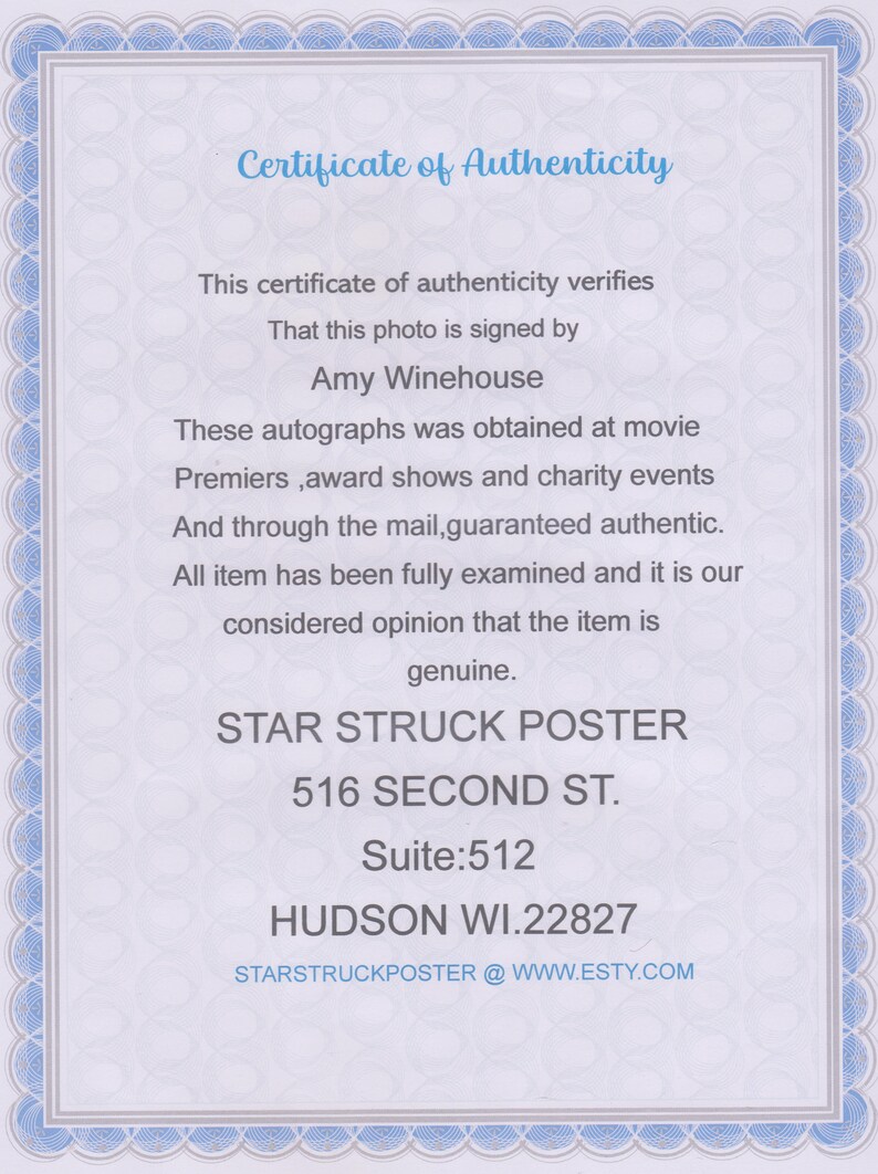 Rare Signed AMY WINEHOUSE Autographed W/ COA - Etsy