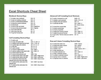 Microsoft Excel Shortcuts Printable Excel Cheat Sheet - Etsy