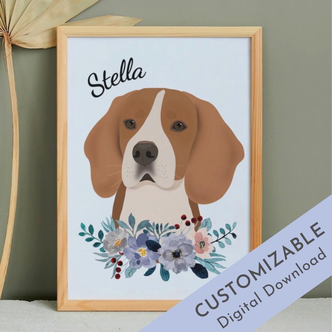 Custom Beagle Digital Print | Hand-drawn Beagle Portrait With Florals ...