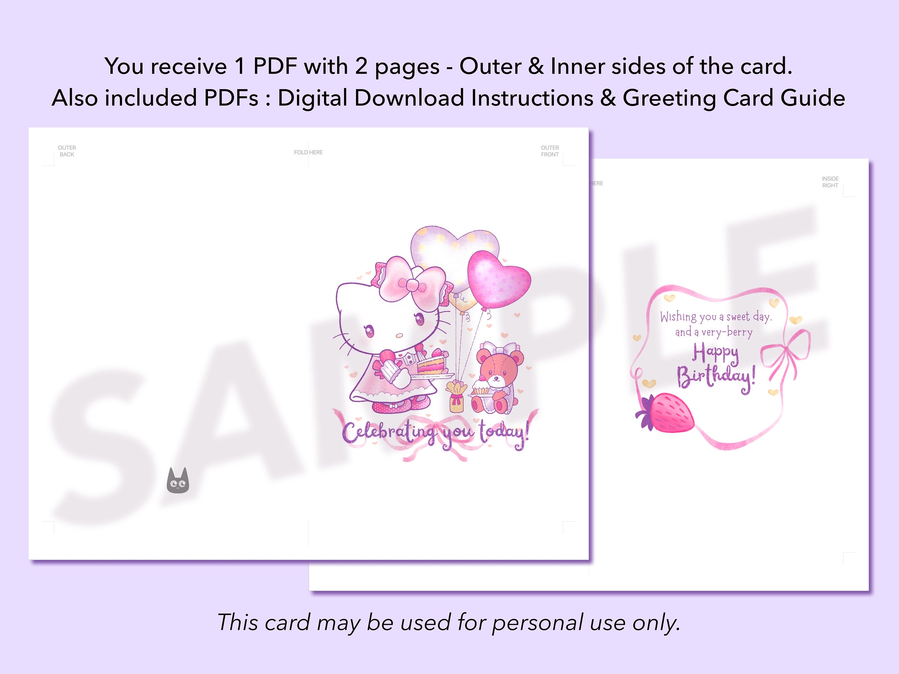 Printable Berry Kitty Girl’s Birthday Card Instant Download - Etsy
