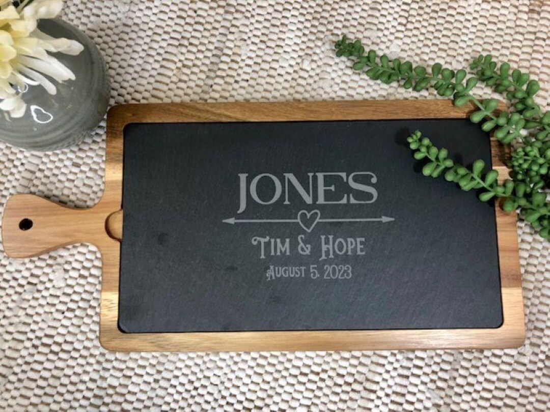 Slate and Acacia Wood Serving Board With Paddle Handle Personalized ...