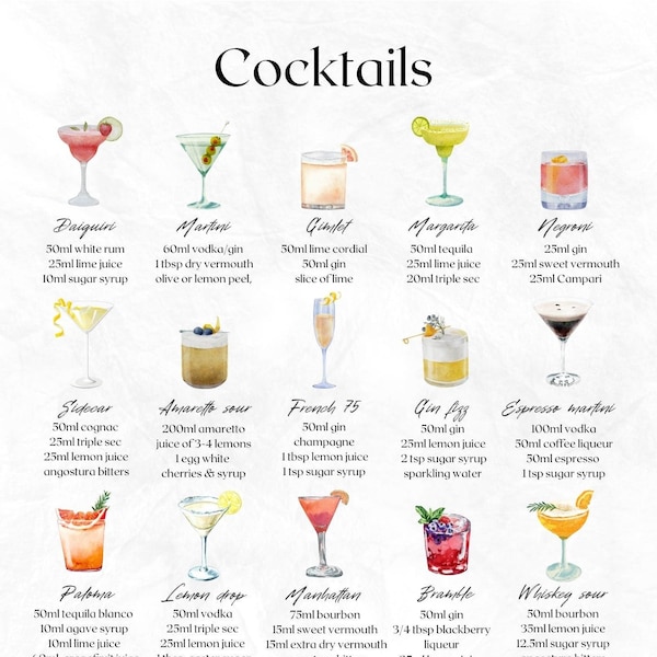 20 Cocktails Print for Digital Download Art Print Cocktail Poster Gift ...