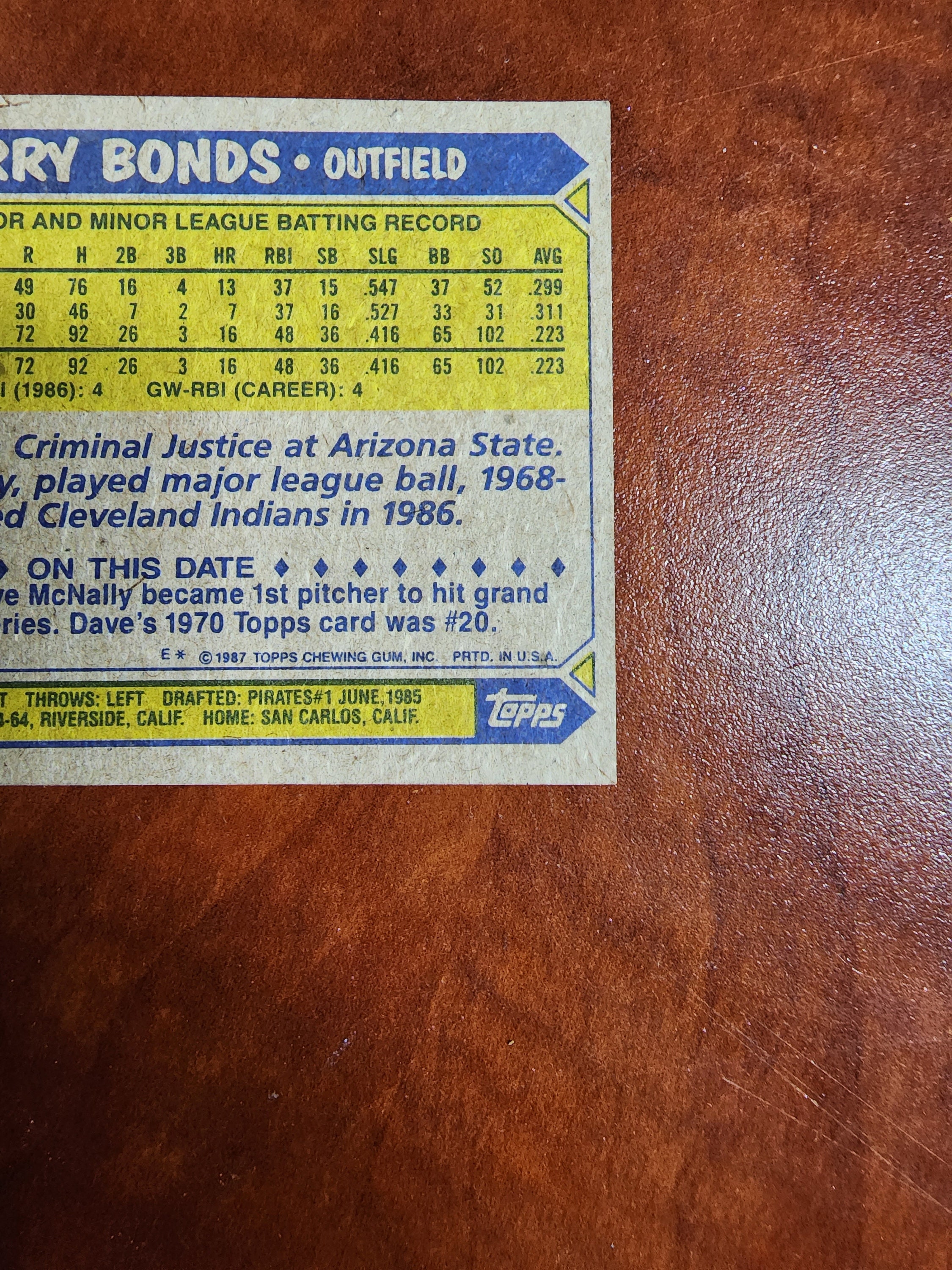 1987 Topps Barry Bonds 320 Errors Card 35 Year Old Card Original Rookie ...