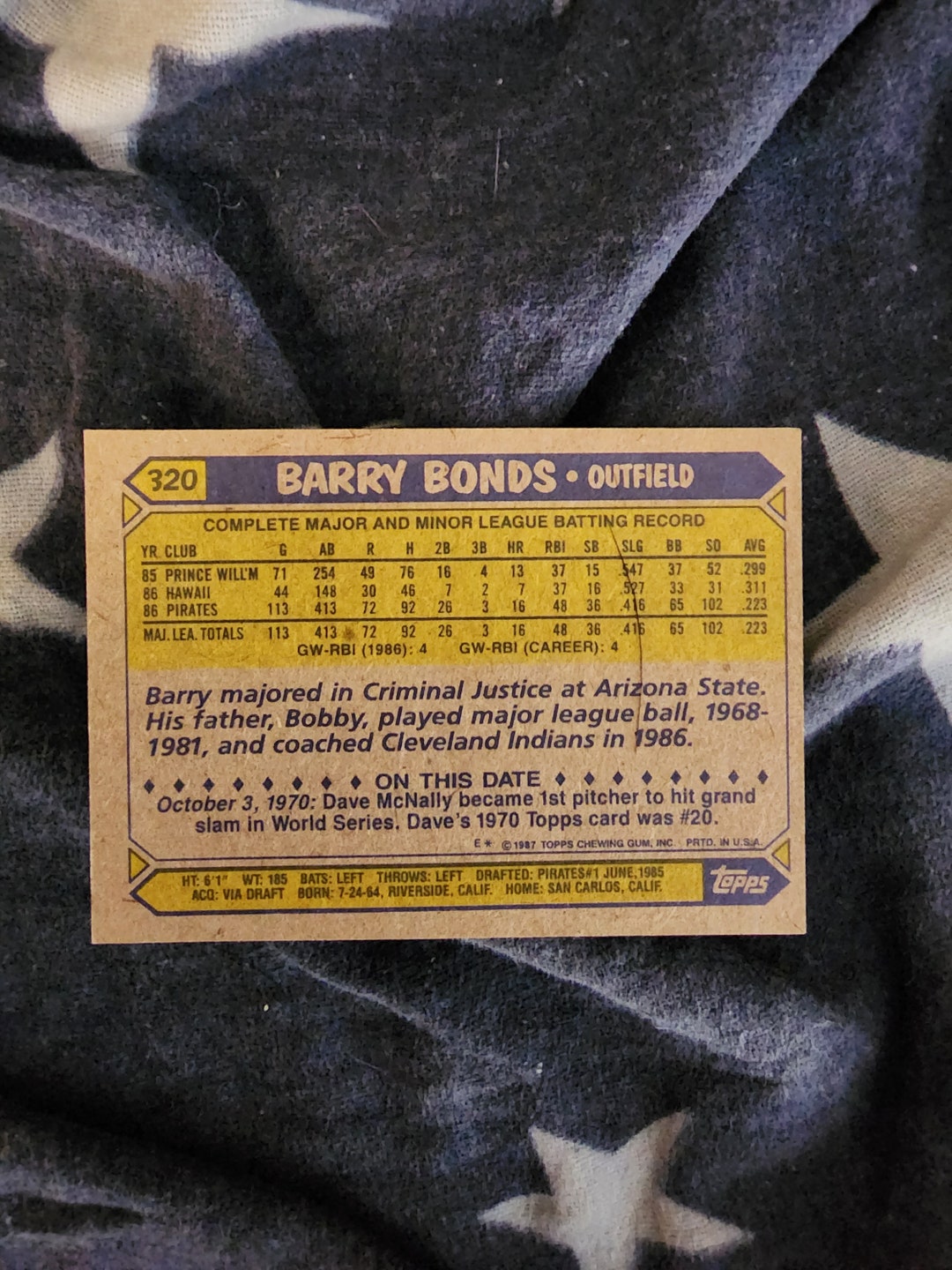 1987 Topps Barry Bonds 320 Errors Card 35 Year Old Card Original Rookie ...