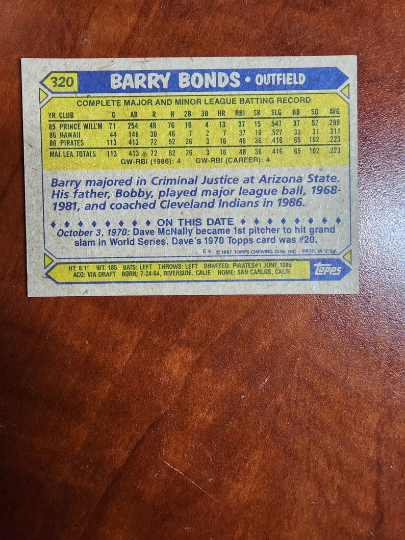 1987 Topps Barry Bonds 320 Errors Card 35 Year Old Card Original Rookie ...