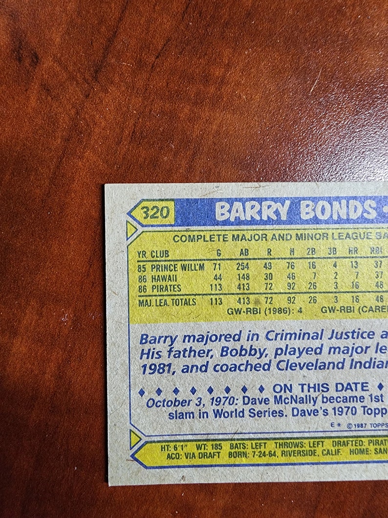 1987 Topps Barry Bonds 320 Errors Card 35 Year Old Card Original Rookie ...