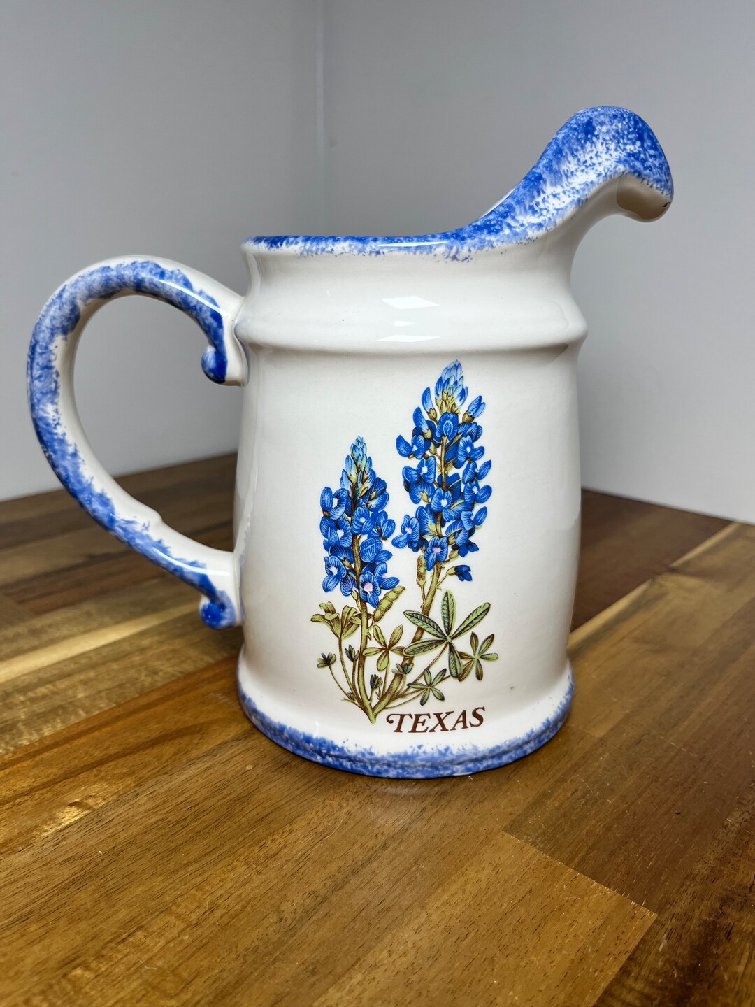 Vtg Texas Bluebonnet Sponge Pottery Pitcher - Etsy