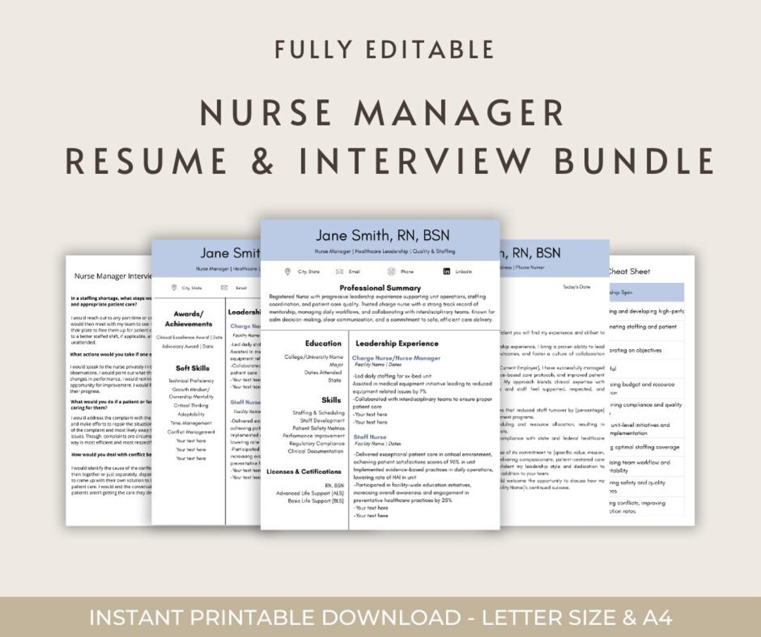 Nurse Manager Resume & Interview Bundle | RN Leadership Resume + Cover ...