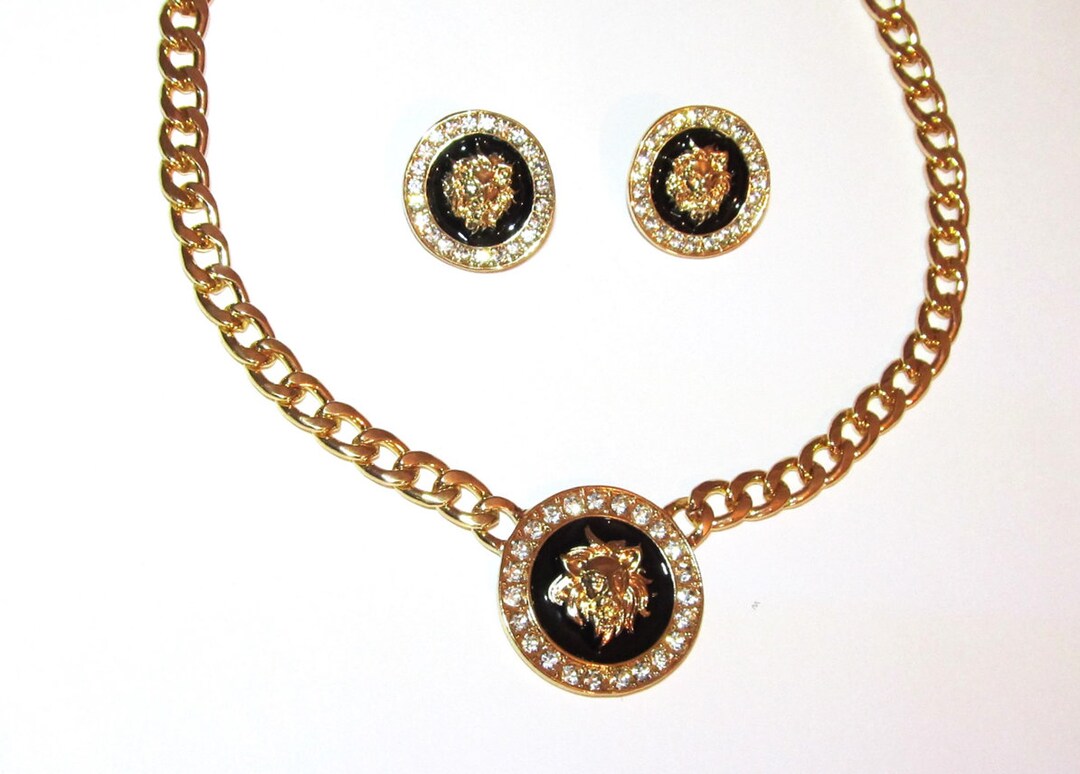 Lion Head Crystal Medallion Gold Necklace SET Gift for Her Chain Choker ...