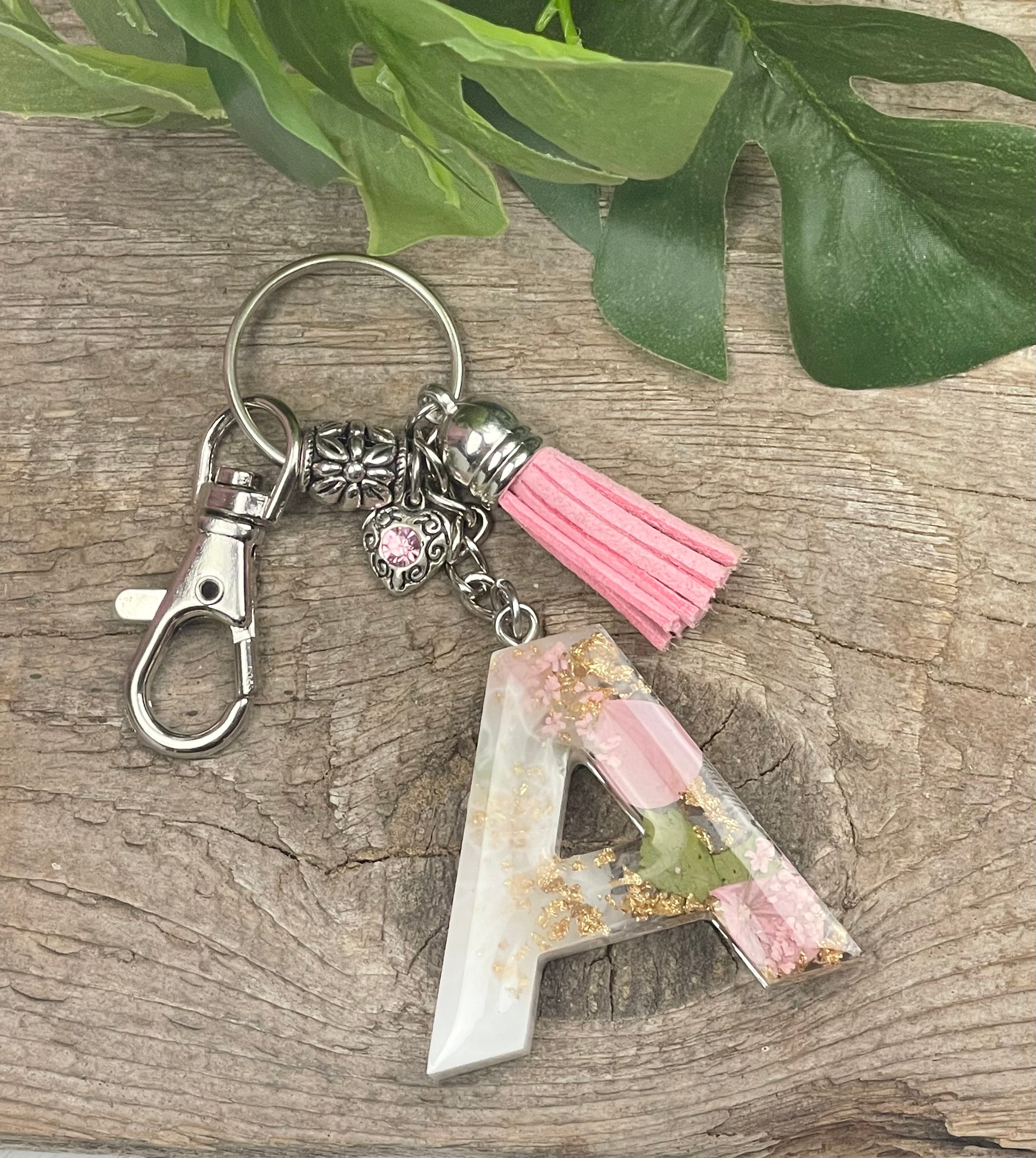 Pink Flower Resin Letter Keychain, Keychains, Custom Flower Resin Letters, Flower Resin, Pink ...
