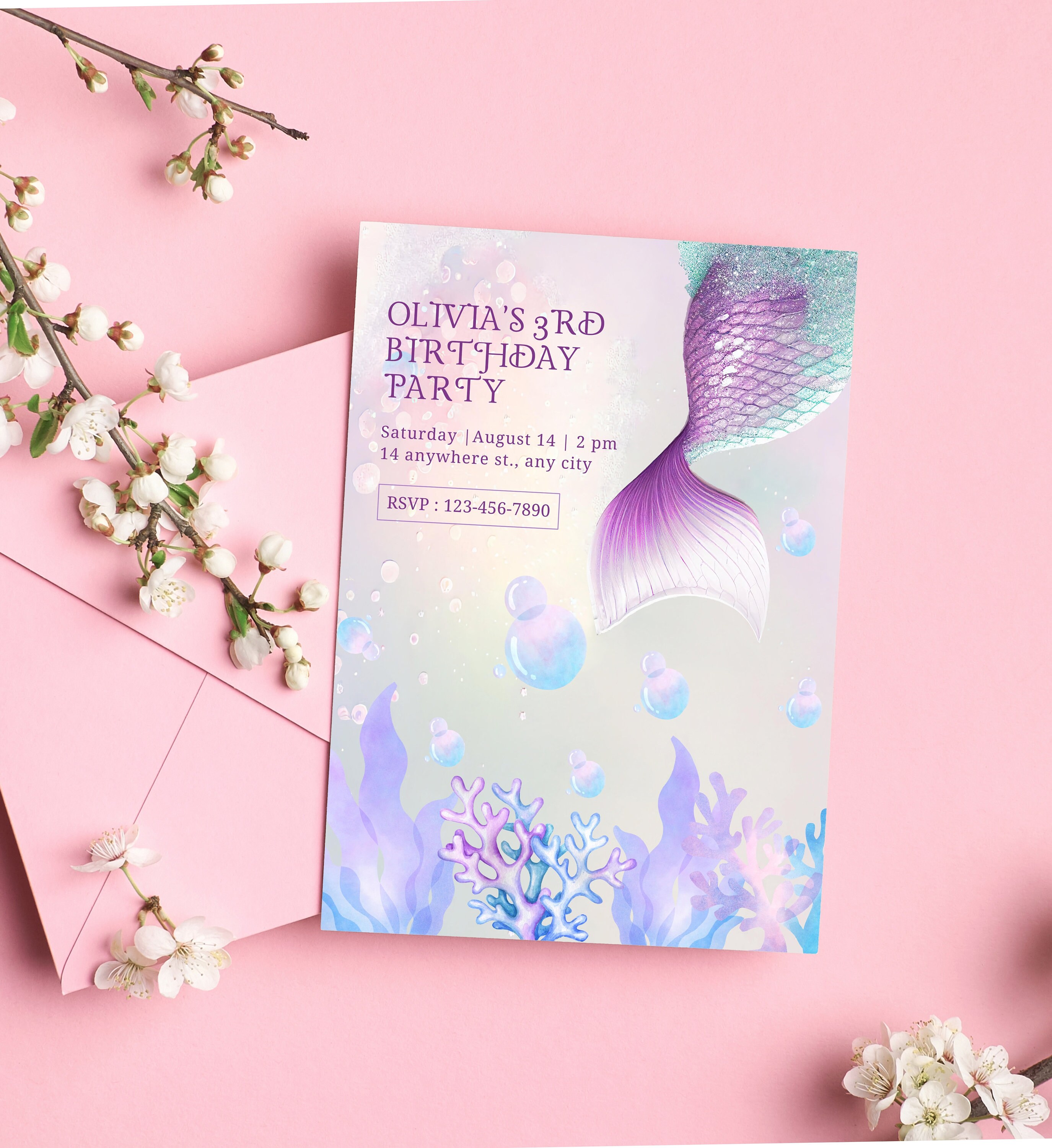 Custom Mermaid Birthday Invitation Card, Mermaid Birthday Party, Little ...